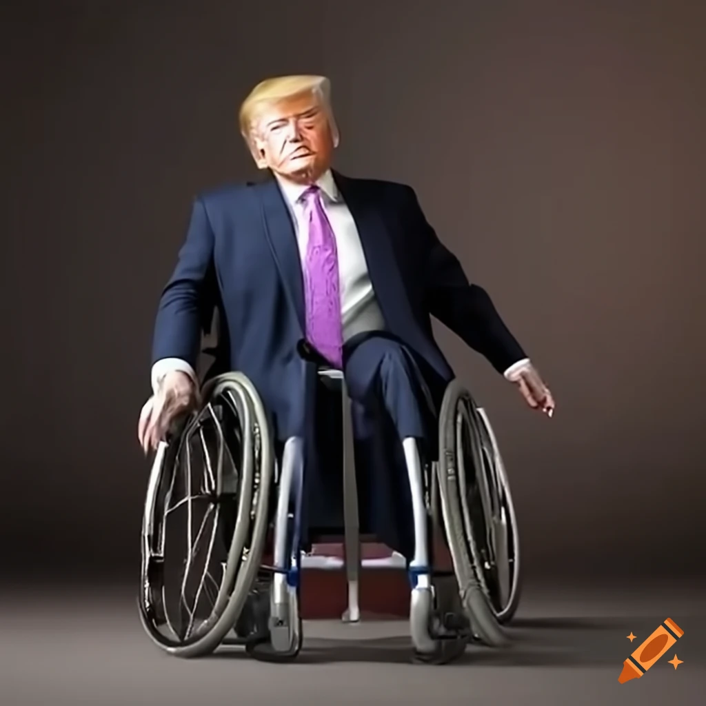 Photorealistic depiction of disabled trump in a wheelchair in court on ...