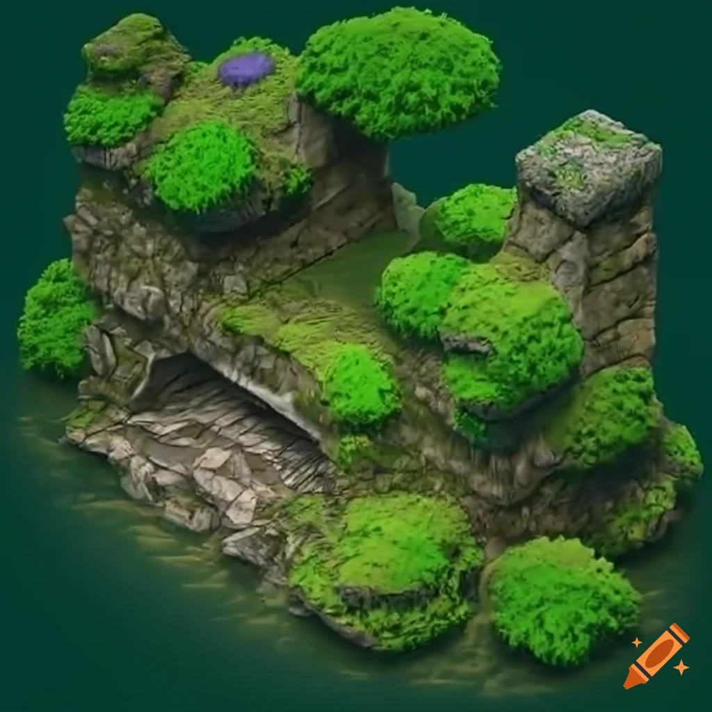 Aerial view of a moss-covered stone forest ruins in a fantasy rpg game on Craiyon