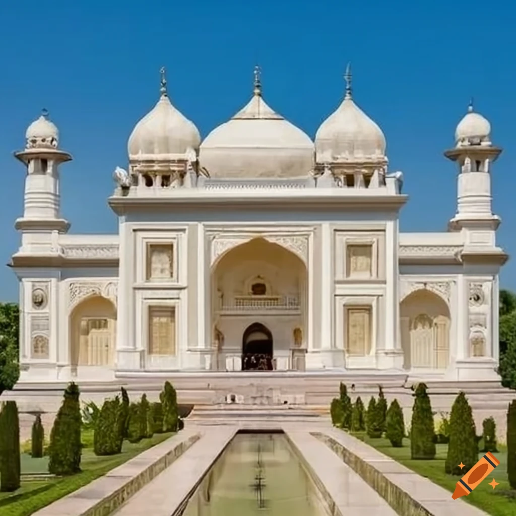 Front view of mahal white house in mediterranean architectural style
