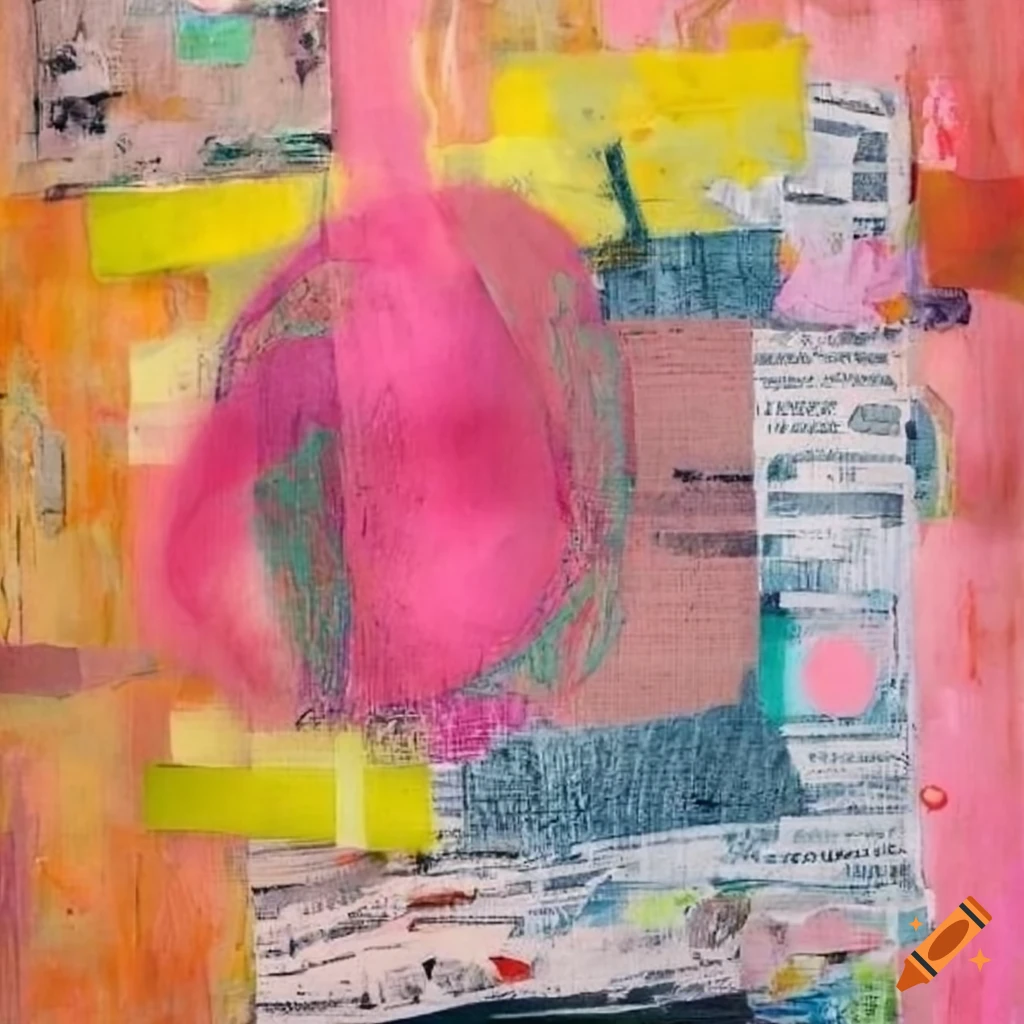 Abstract mixed media artwork with newspaper and pink tones on Craiyon