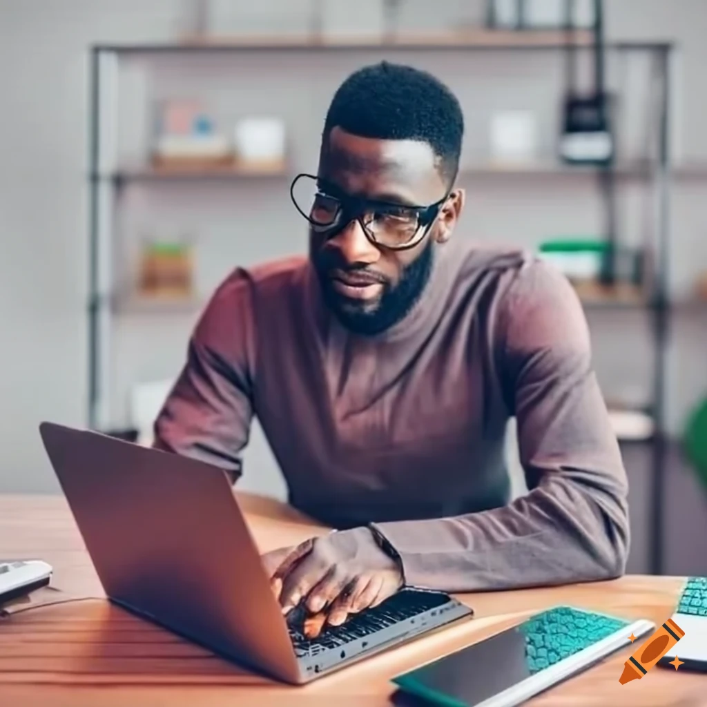Black man working on a mockup in a modern home office on Craiyon