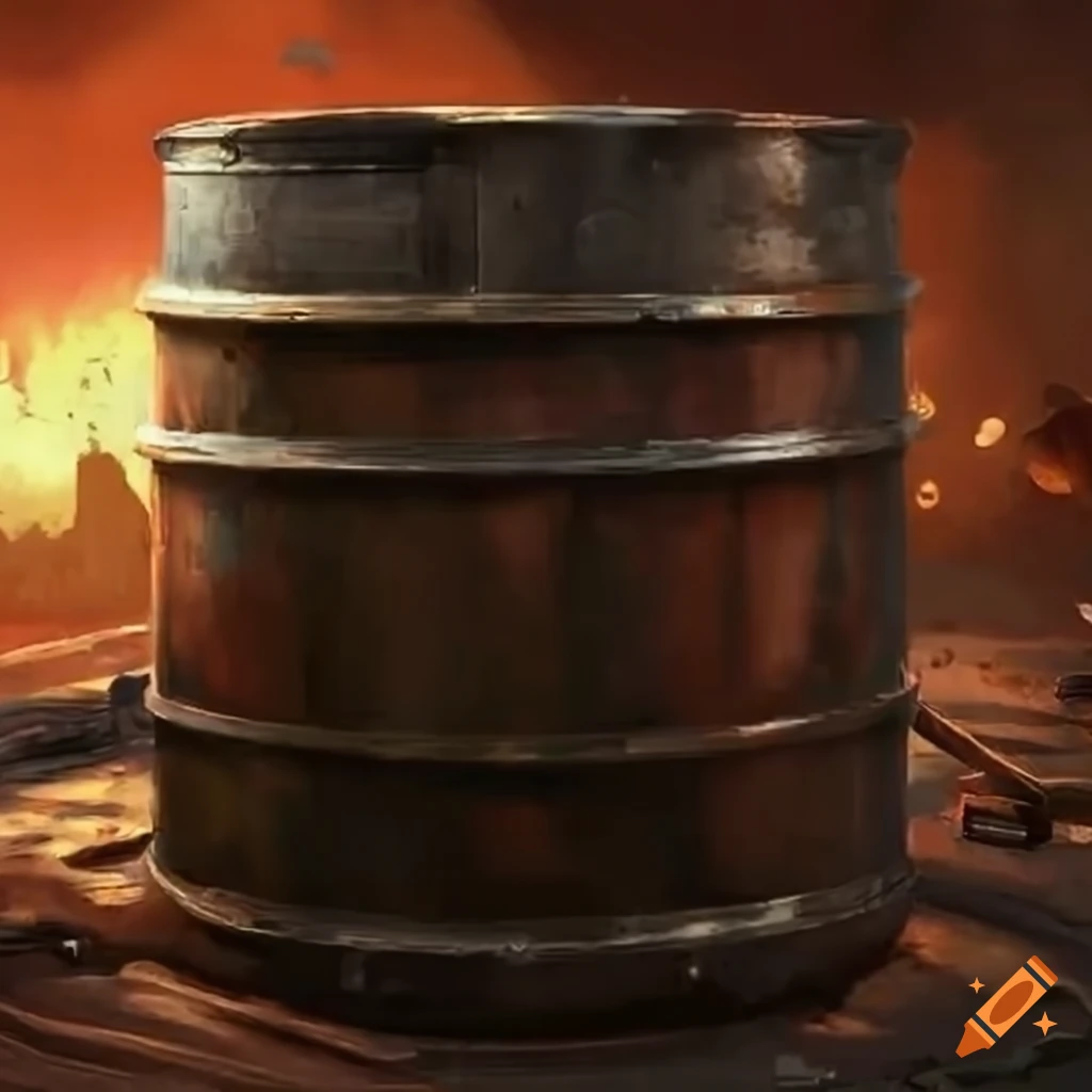 Steel oil barrel on the ground on Craiyon