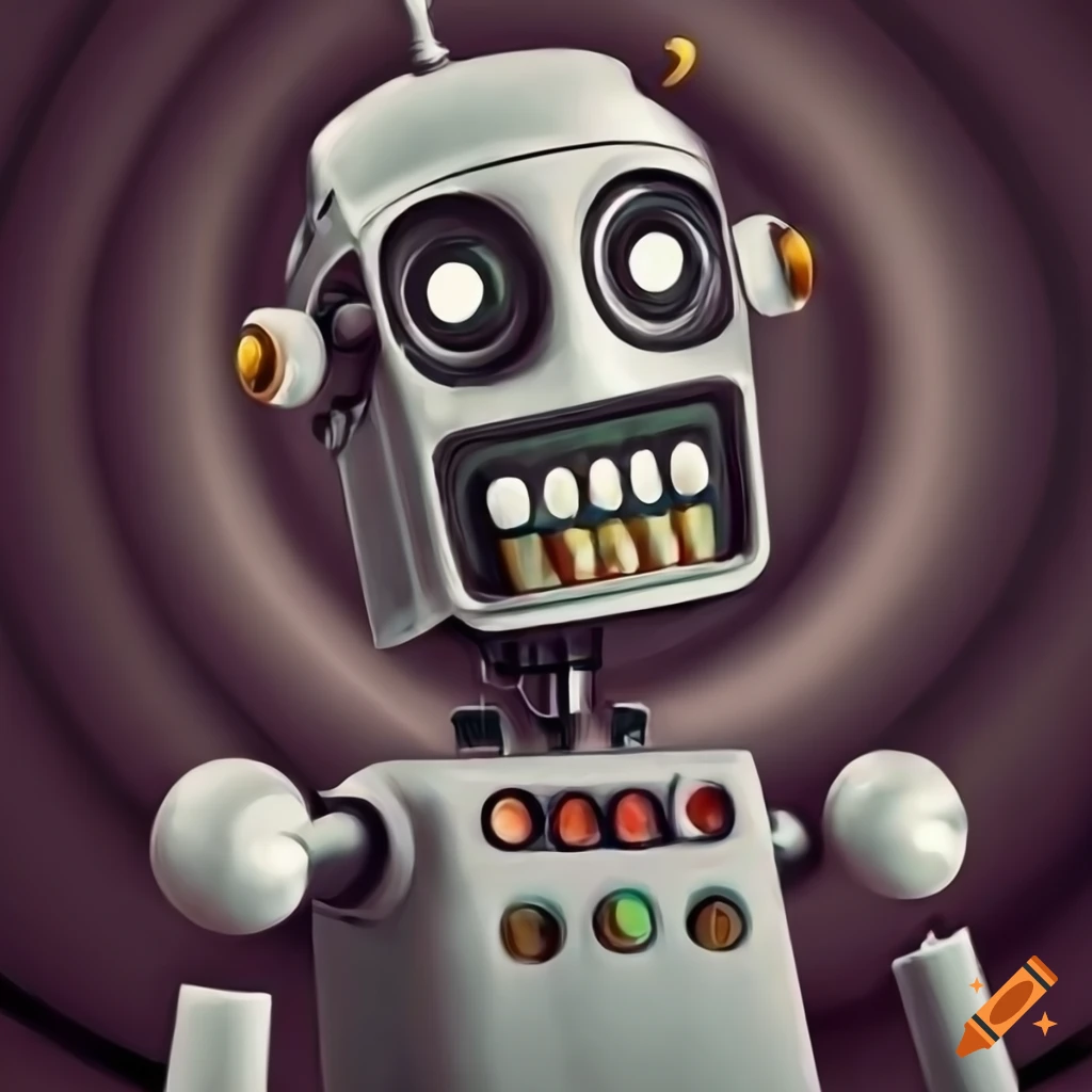 Retro robot with big teeth on a spiral background on Craiyon