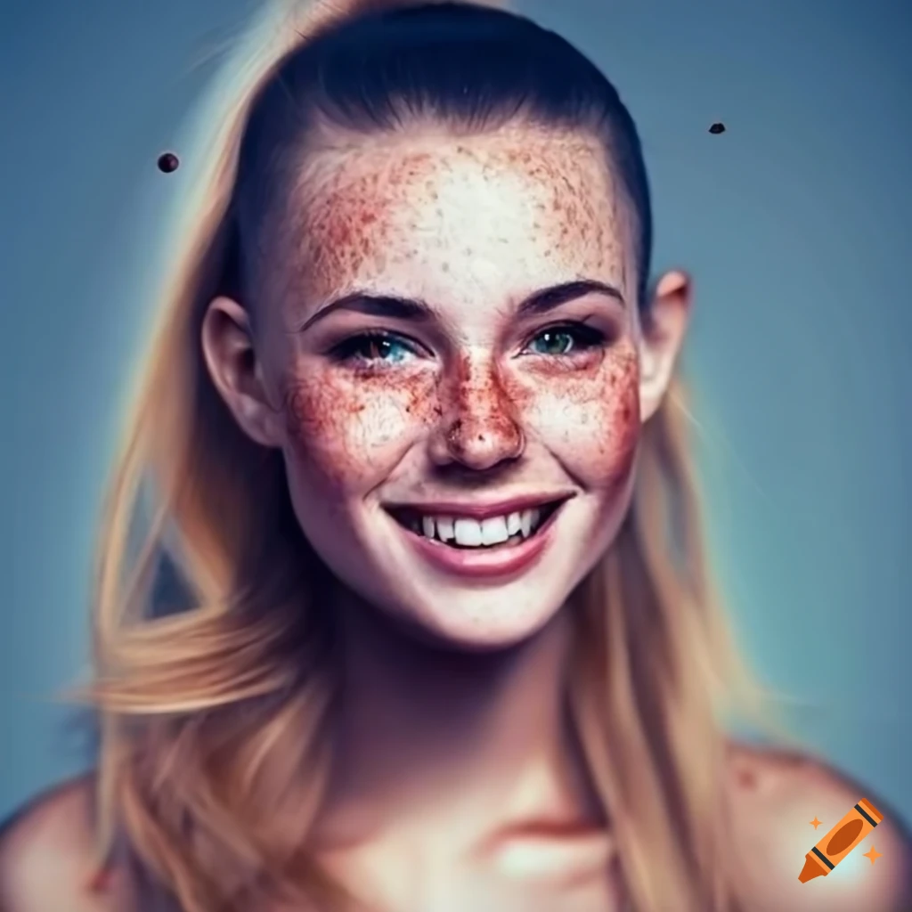 Portrait of a young woman with a beautiful smile and freckles