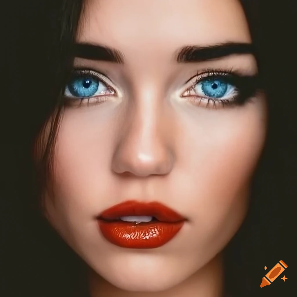 Close-up portrait of a beautiful woman with tan skin and blue catlike eyes on Craiyon