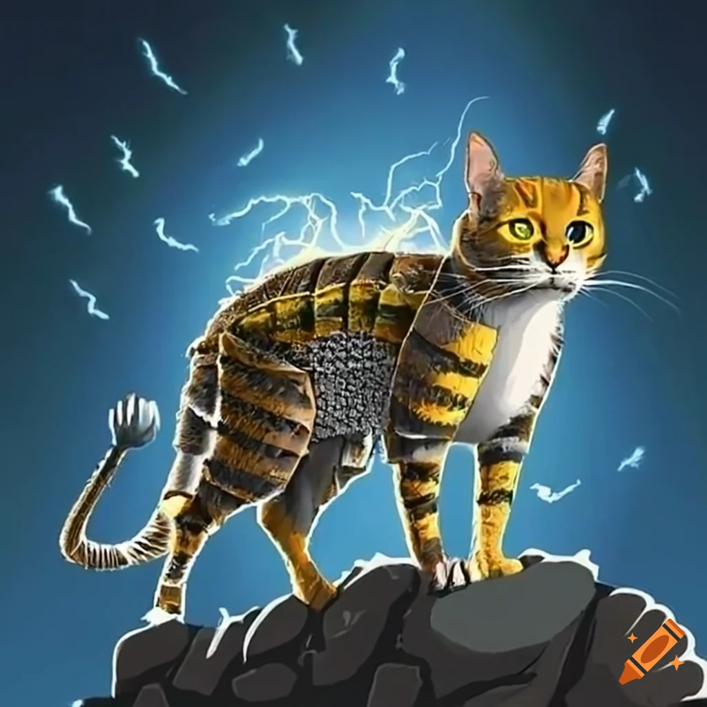 Electrifying cat with metal armor in mountainous land on Craiyon
