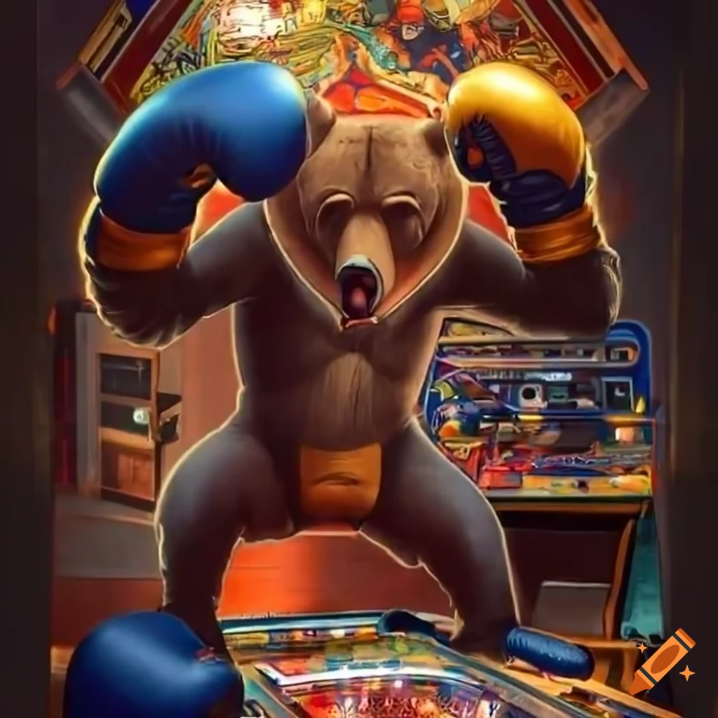 Bear playing pinball with boxing gloves on on Craiyon