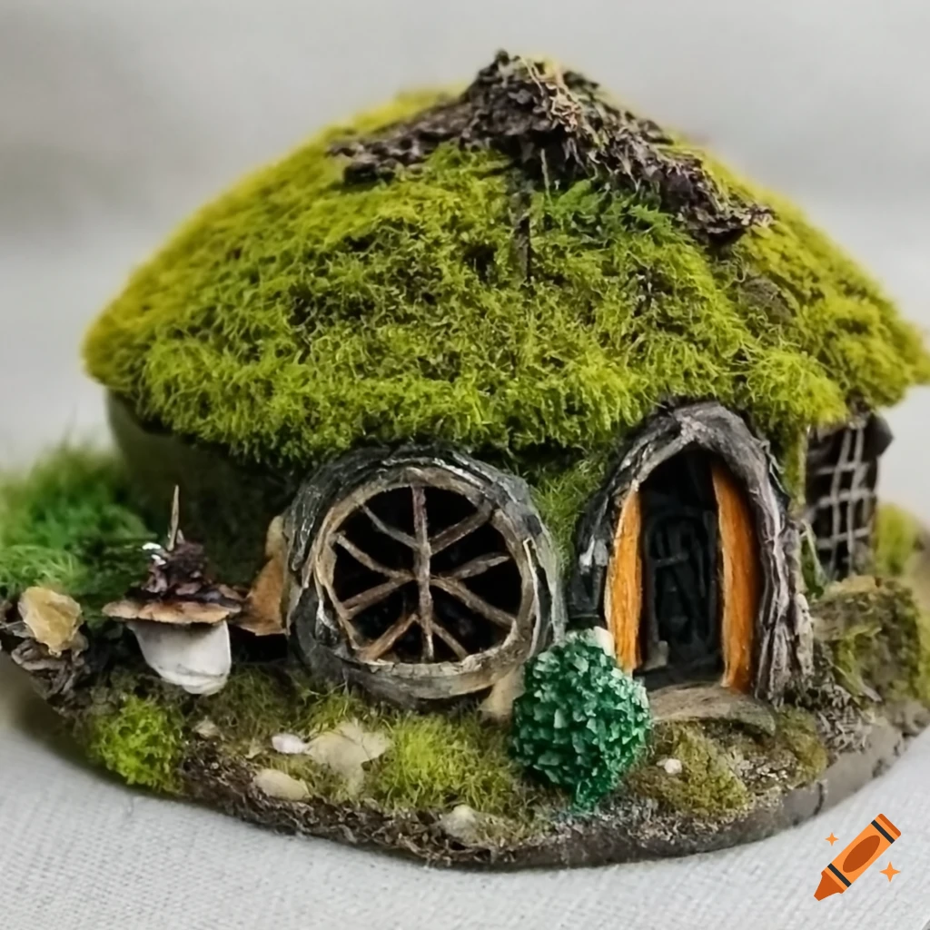 Miniature mossy hobbit witch fairy house on Craiyon