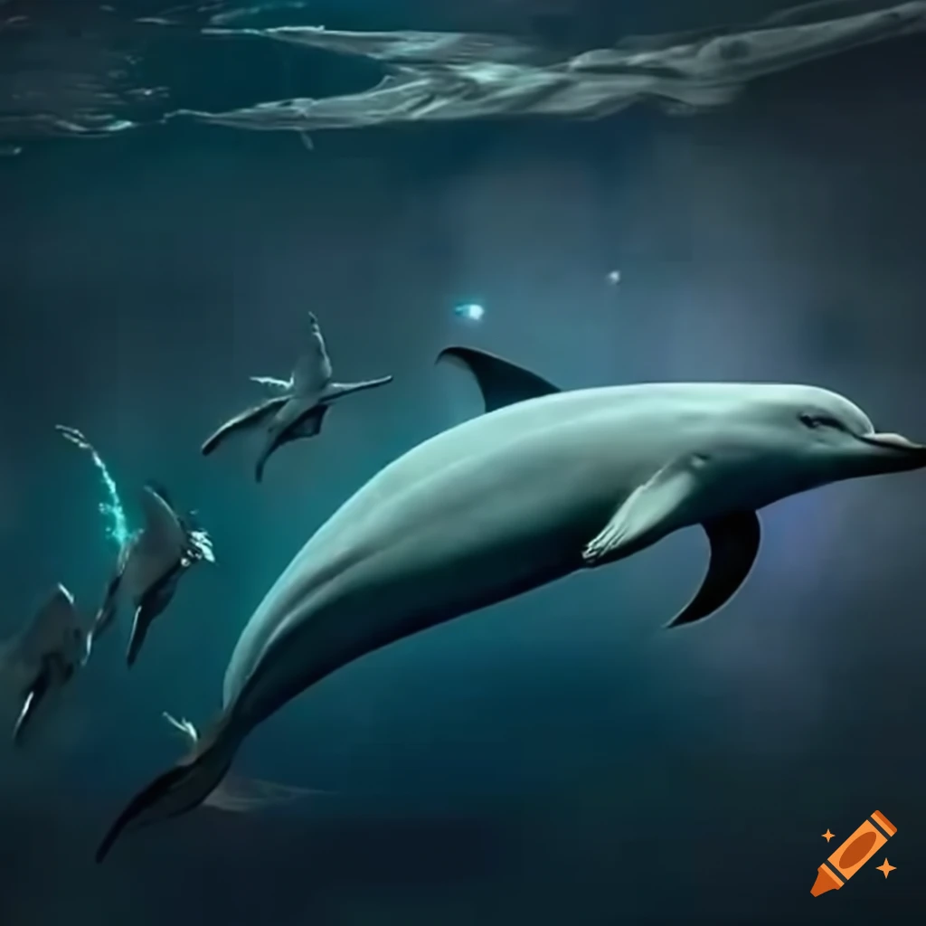 Dolphin fighting aliens in a flooded spaceship on Craiyon