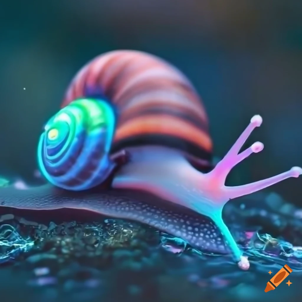 Neon snail with crystal shell in futuristic city