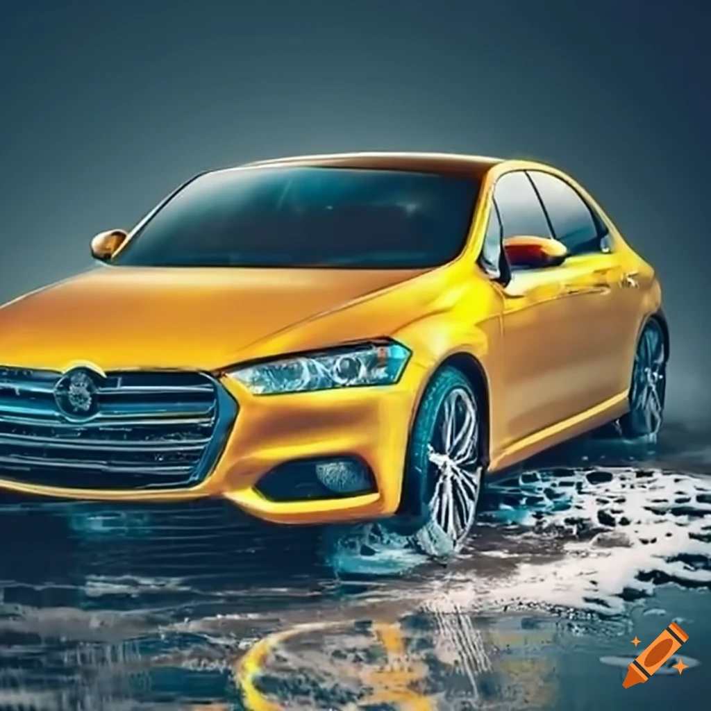 Yellow car getting washed