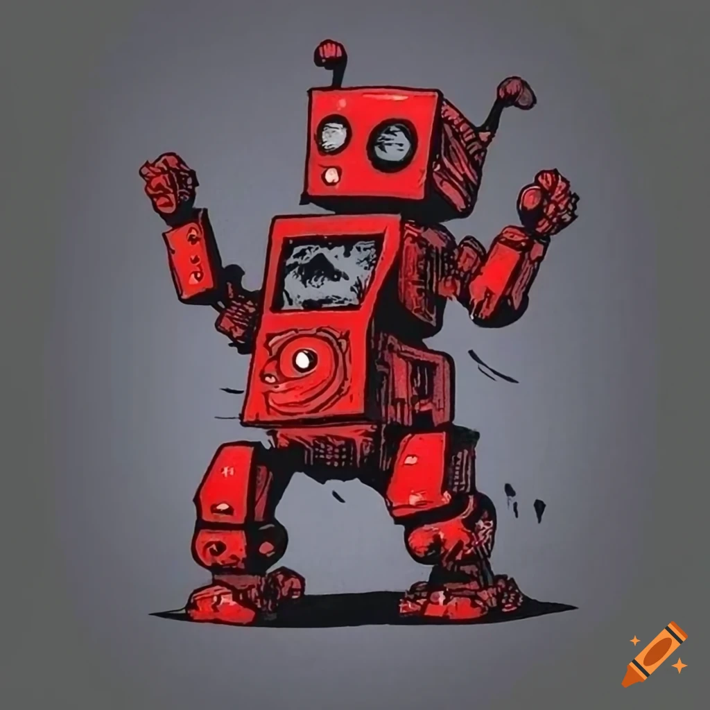Monochrome engraving of a red robot on Craiyon