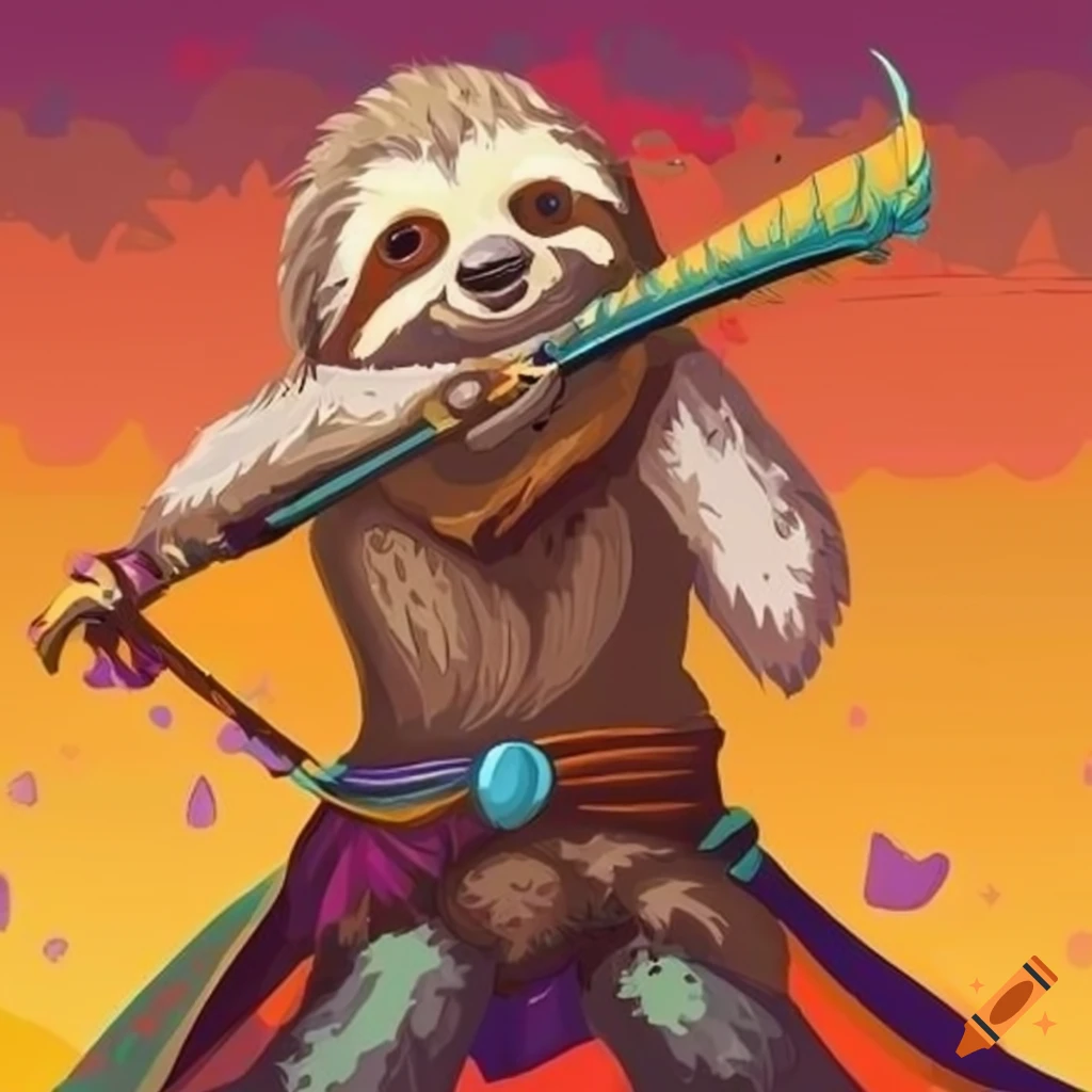 Character art of a swords bard sloth on Craiyon