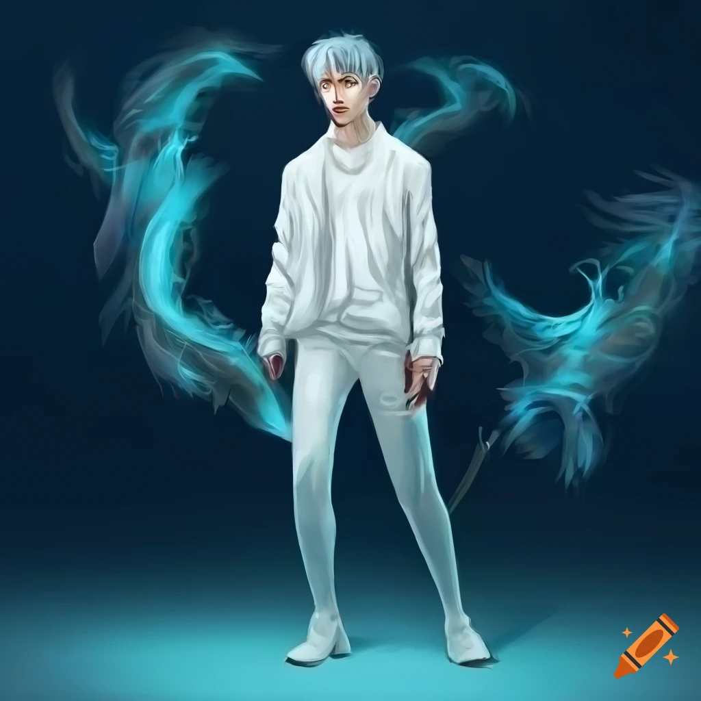 Portrait of a young man with blue skin surrounded by wind magic