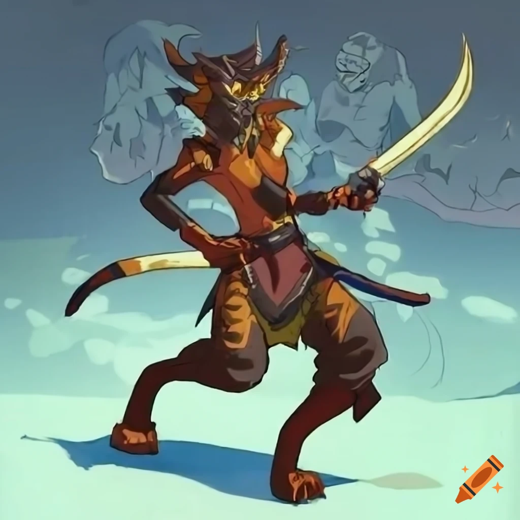 Colorful artwork of a tabaxi-tiefling warrior in combat pose on Craiyon