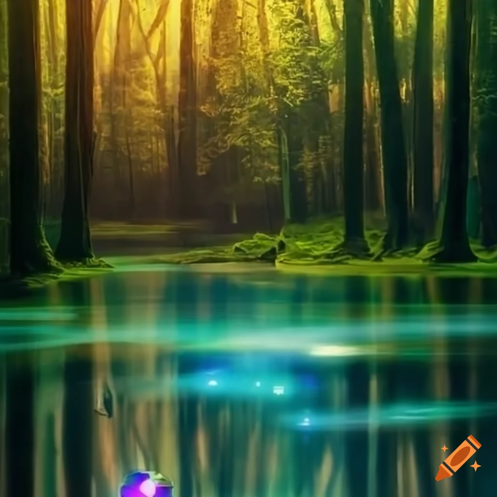 Book cover of a forest with a lake and colorful lights on Craiyon