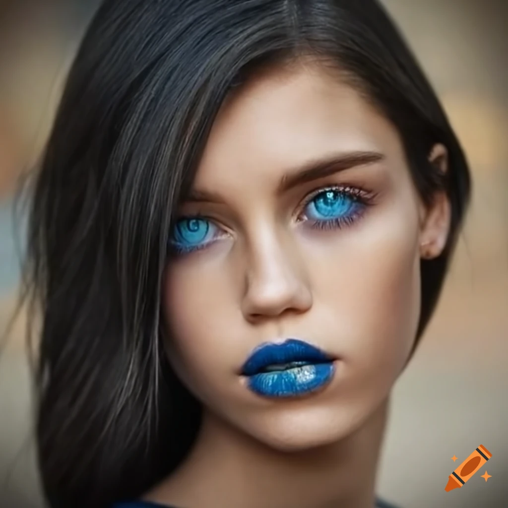 Close-up portrait of woman with tan skin and blue eyes