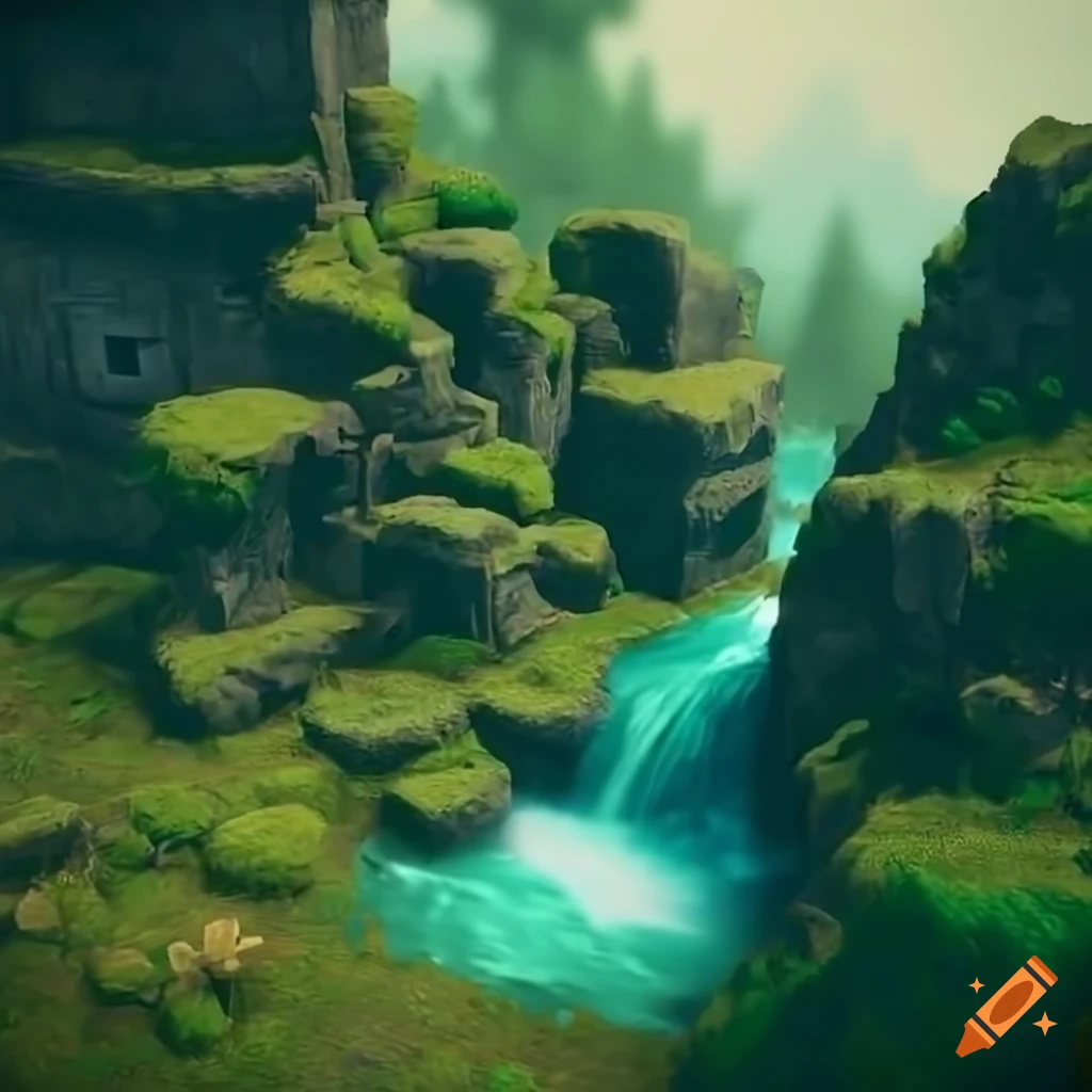 3d game scene of moss-covered stone ruins in a fantasy forest on Craiyon