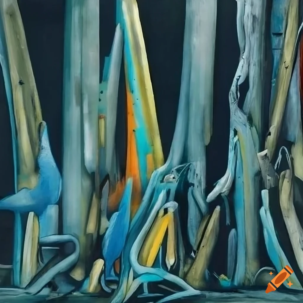 Graffiti in a forest with bones and driftwood on Craiyon