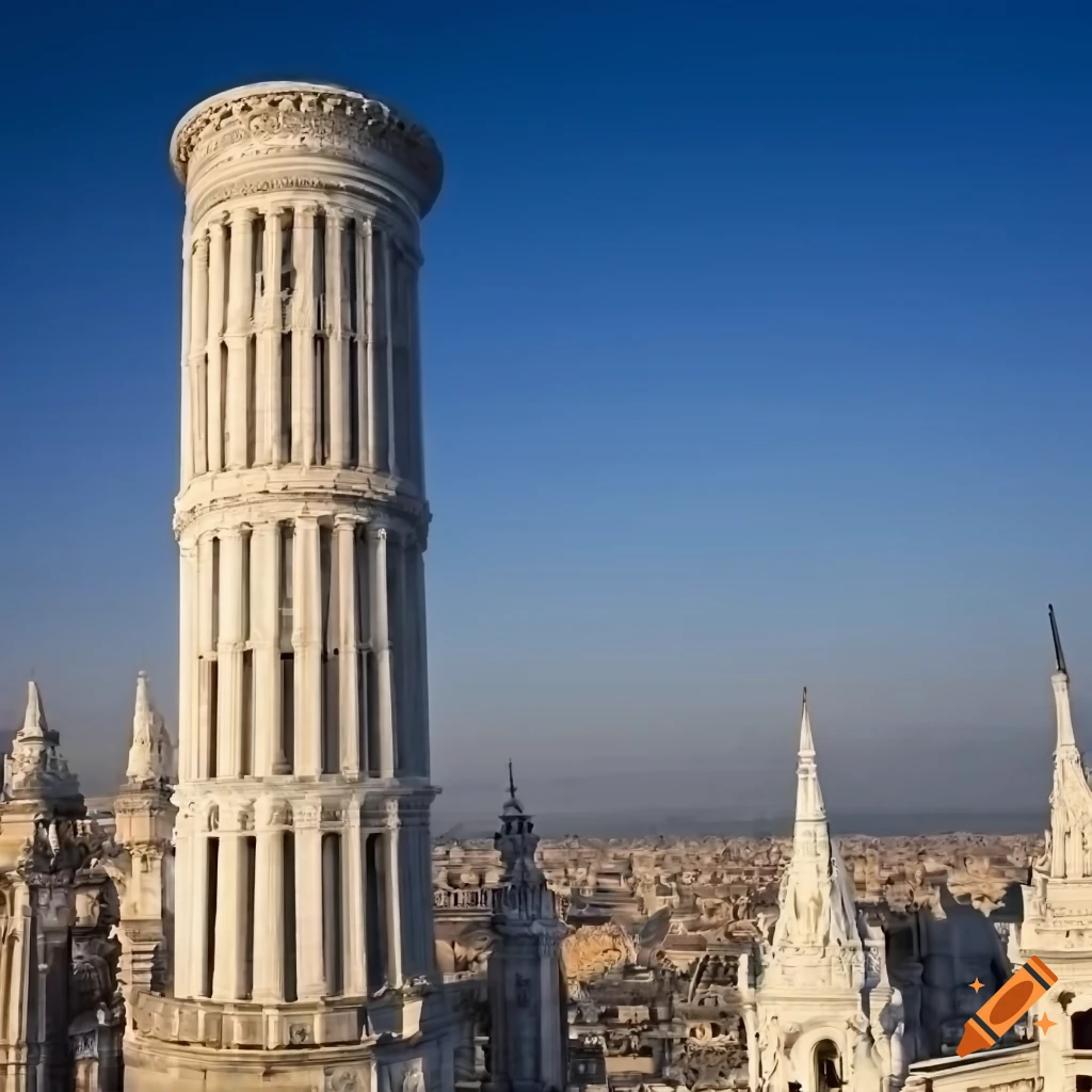 Marble palace with a tall cylindrical tower on Craiyon