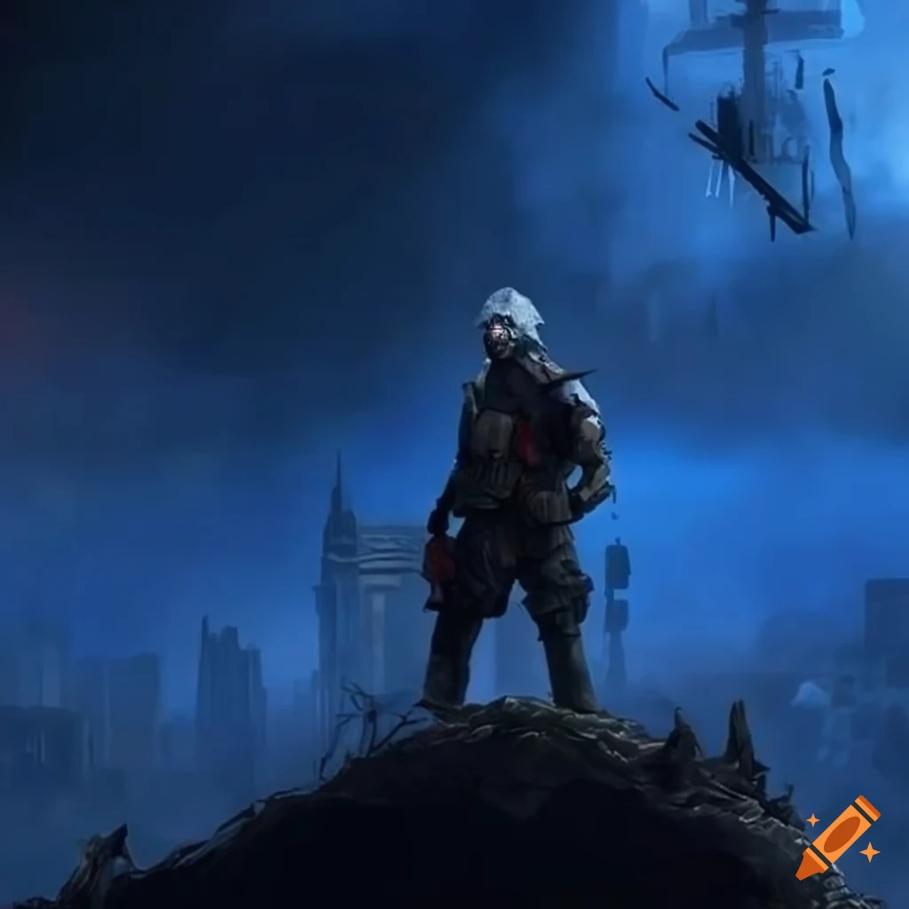 Soldier overlooking burning city on Craiyon