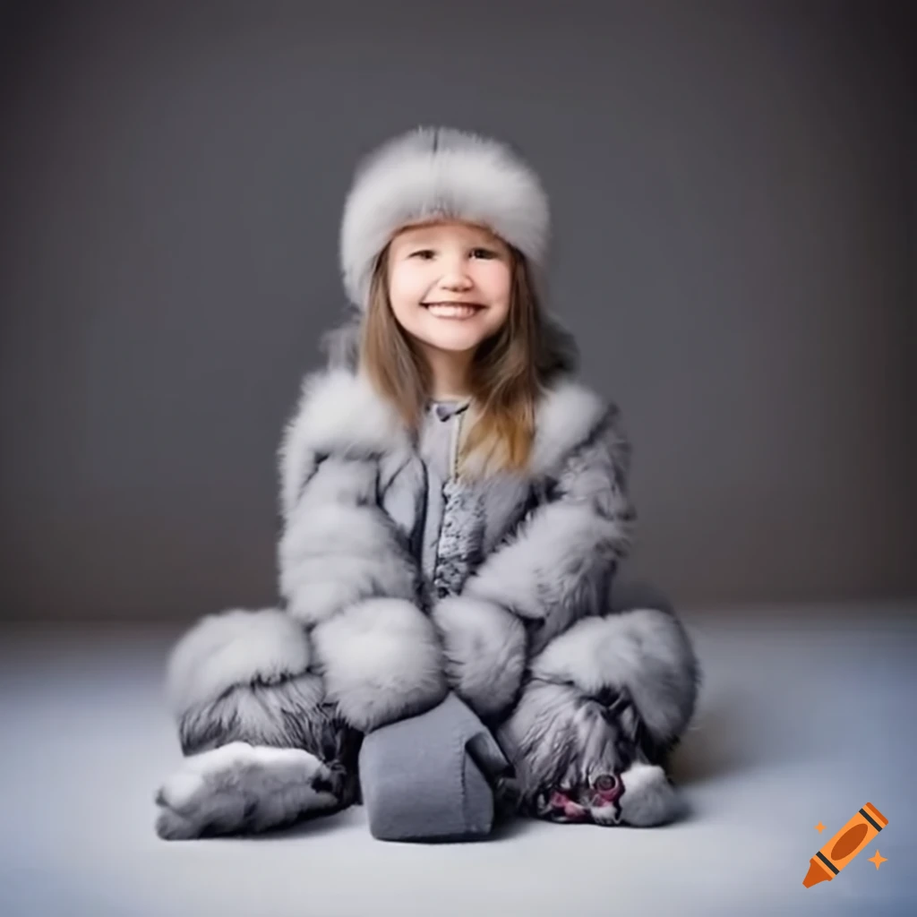 Girl wearing a cozy grey fur snowsuit