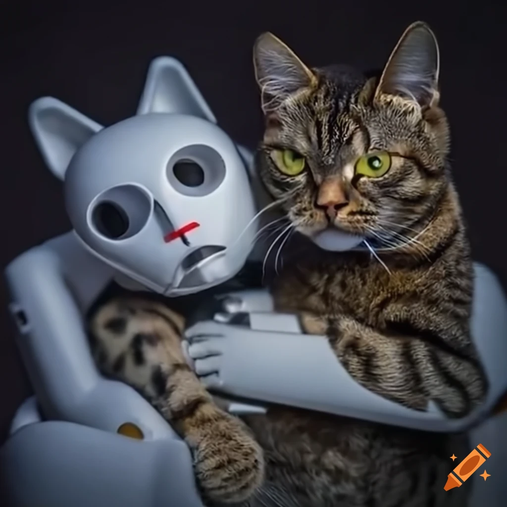 Robot hugging a cat on Craiyon