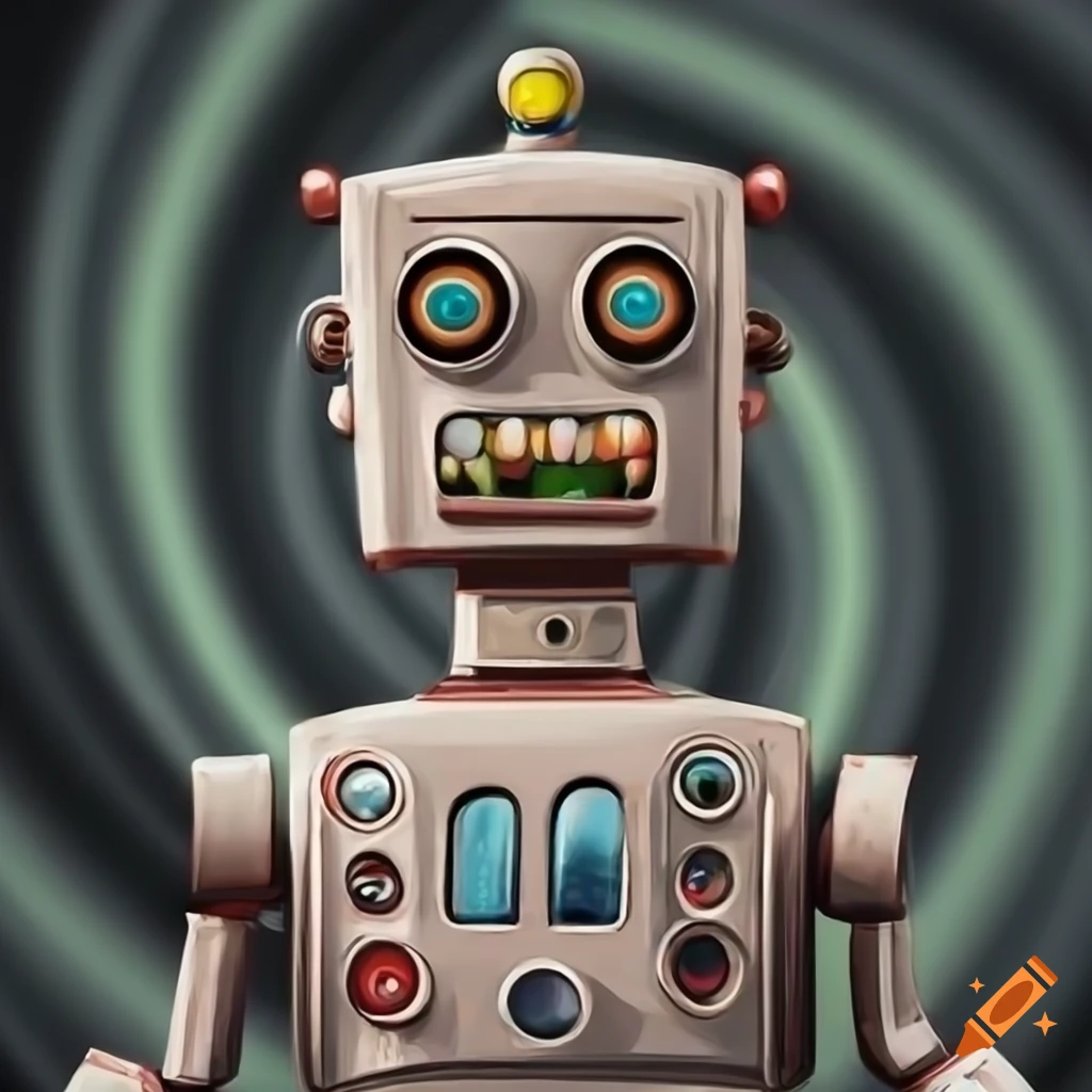 Retro robot with big teeth on spiral background on Craiyon