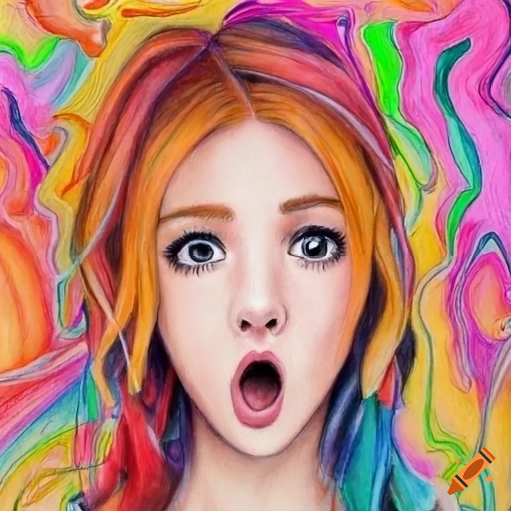 Colored pencil drawing of a surprised woman on Craiyon