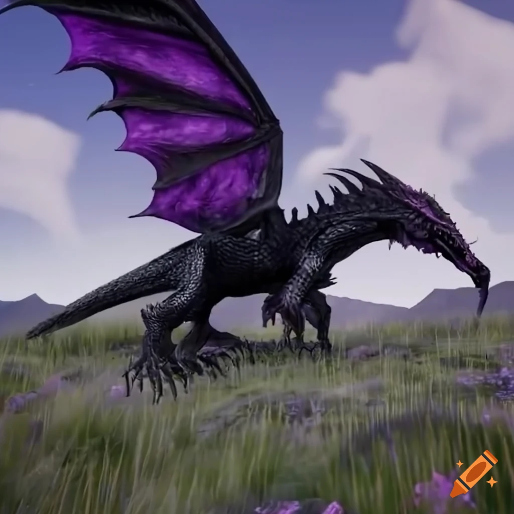 Unreal engine 5 black alien dragon with purple eyes and wings on Craiyon