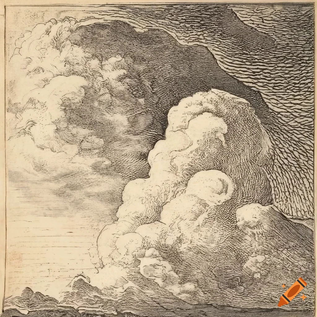 Intricate etching of a sky with beautiful clouds on Craiyon