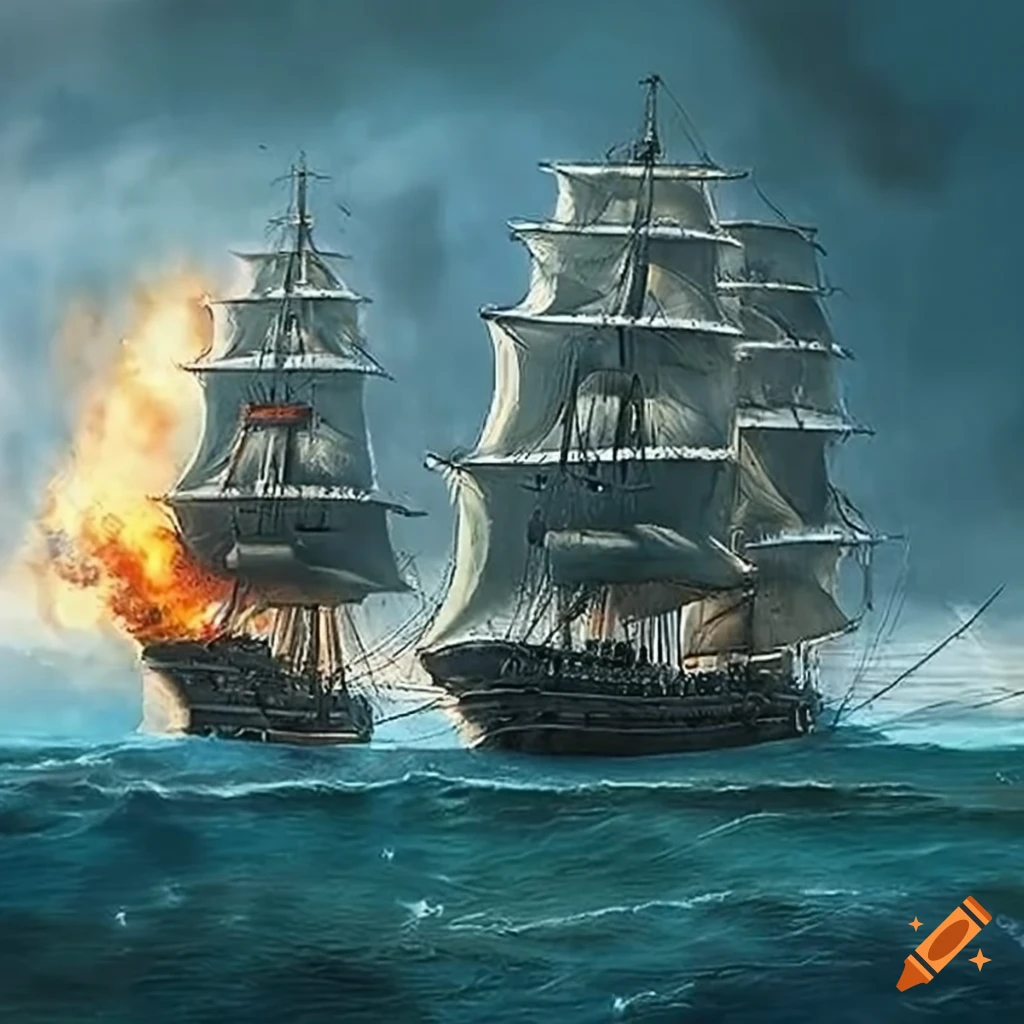 Sailing ships in a dramatic naval battle on Craiyon