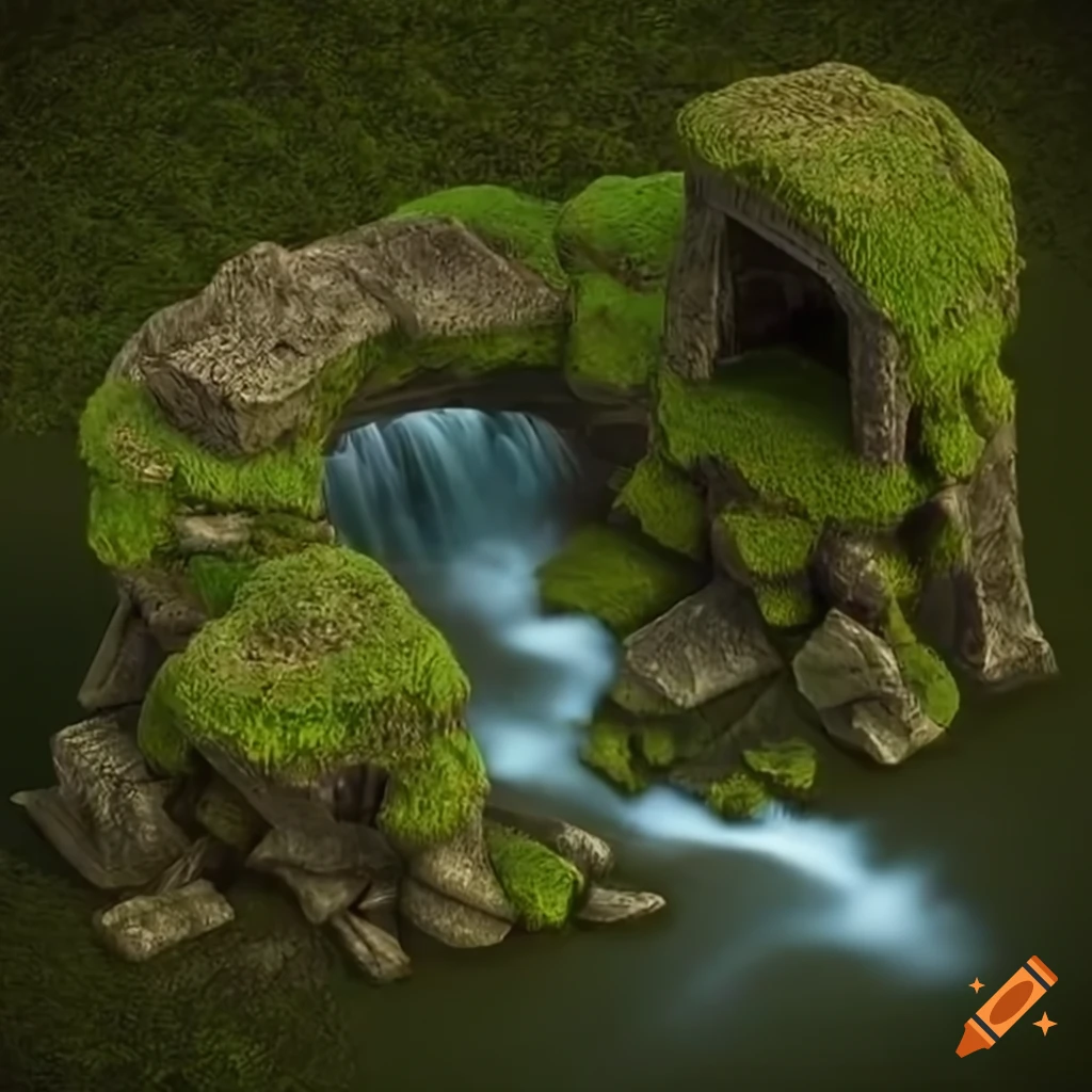 3d game forest ruins with flowing water and moss-covered stones on Craiyon