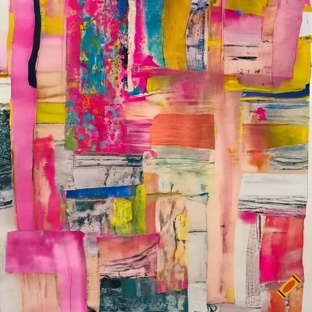 Abstract mixed media artwork with newspaper and pink tones on Craiyon