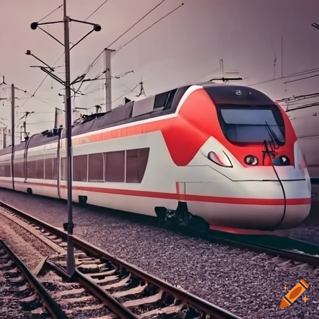 Conceptual image of high-speed trains in a futuristic setting on Craiyon