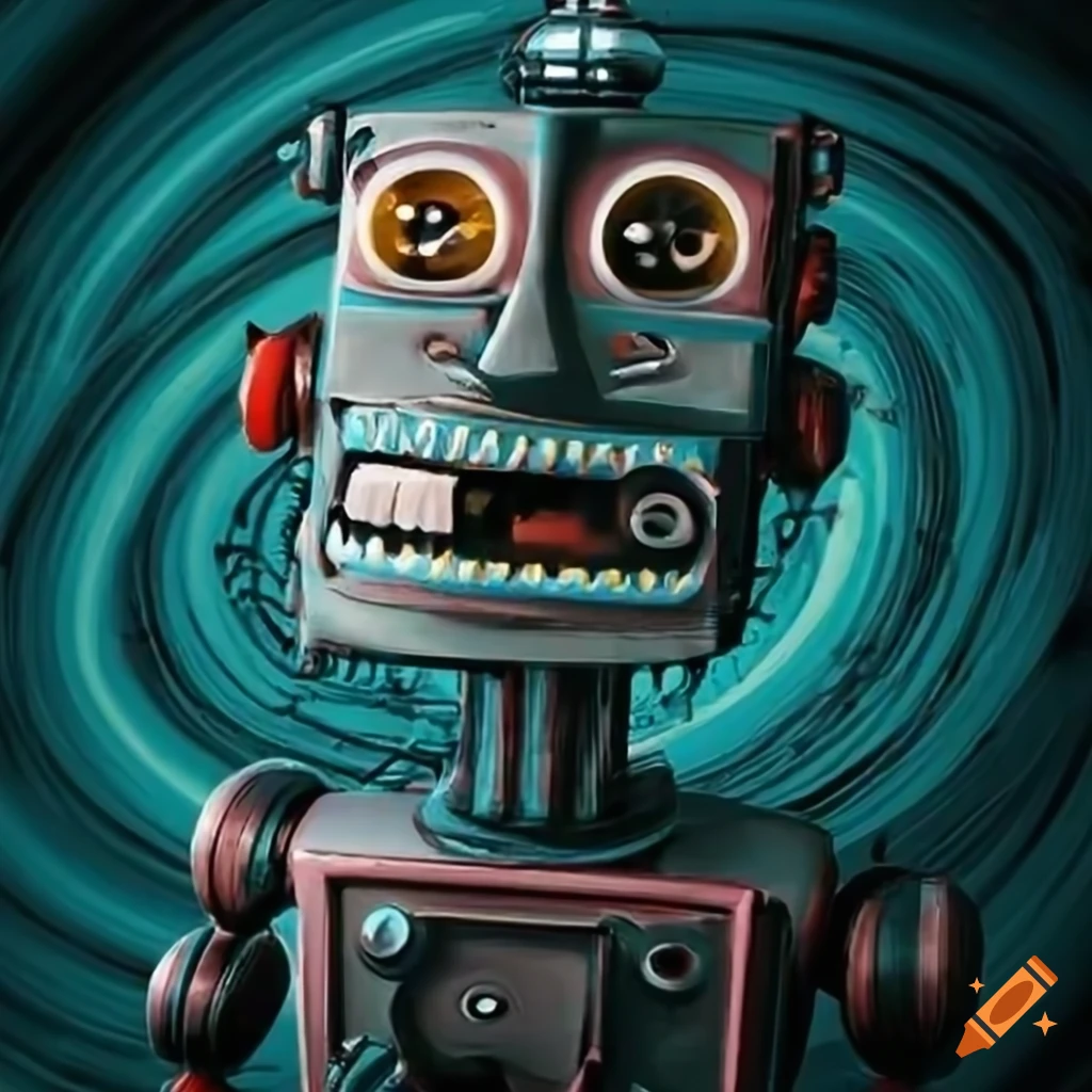 Retro robot with big teeth on spiral background