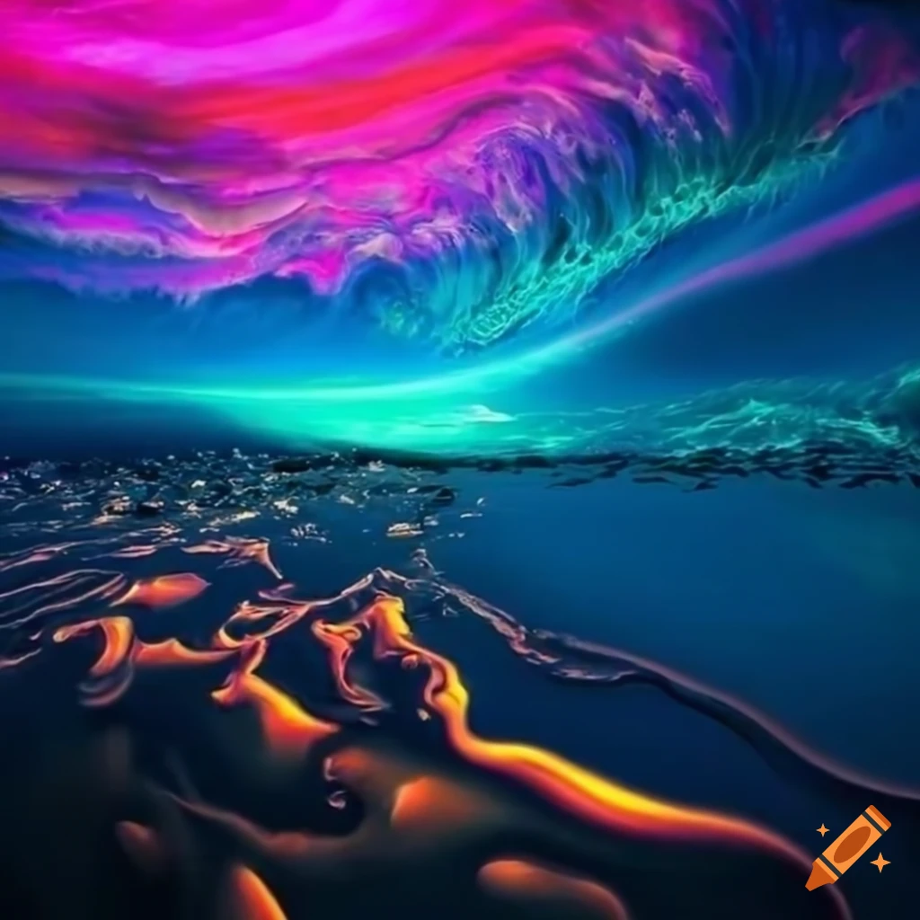 Tsunami engulfing a psychedelic sky on Craiyon