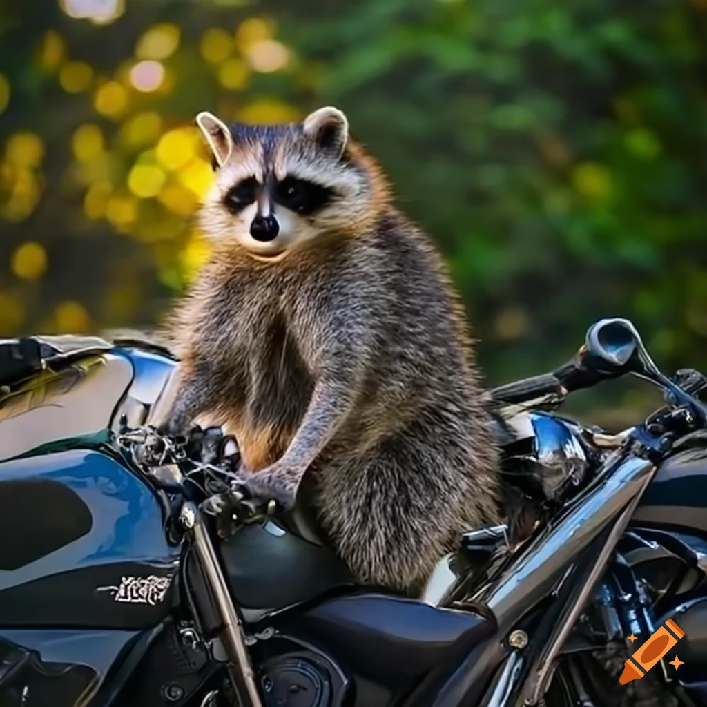 Illustration of a cool raccoon riding a motorcycle on Craiyon