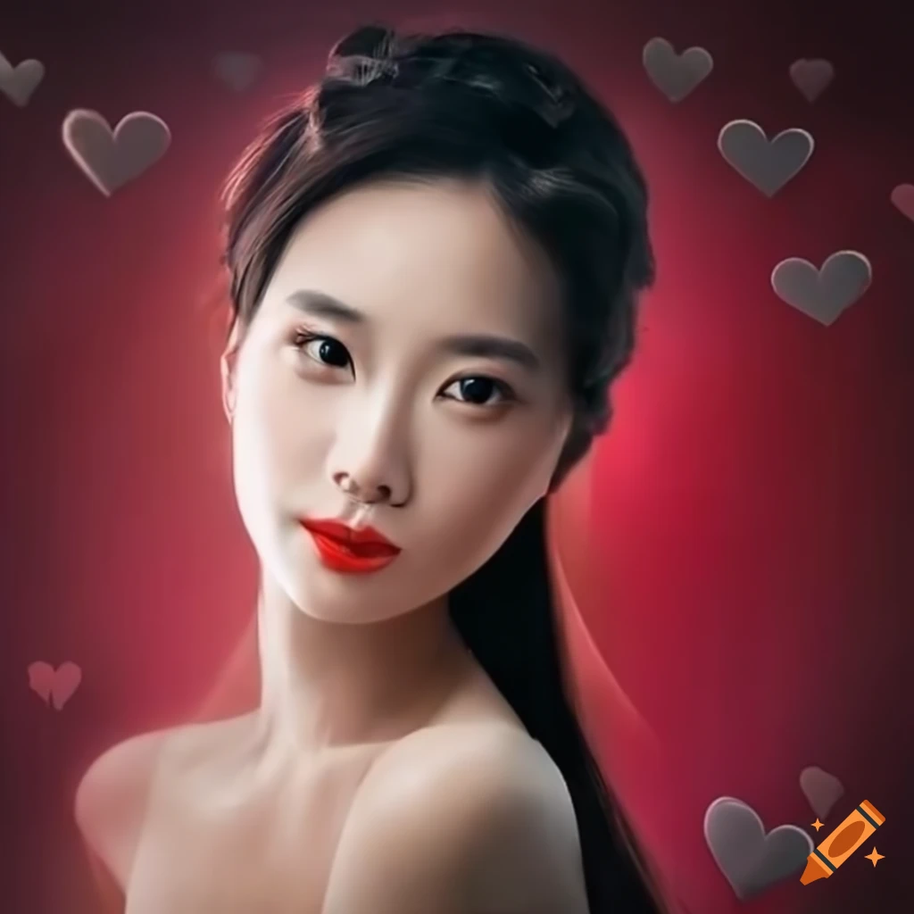 Digital art of a beautiful woman with hearts and rays of light