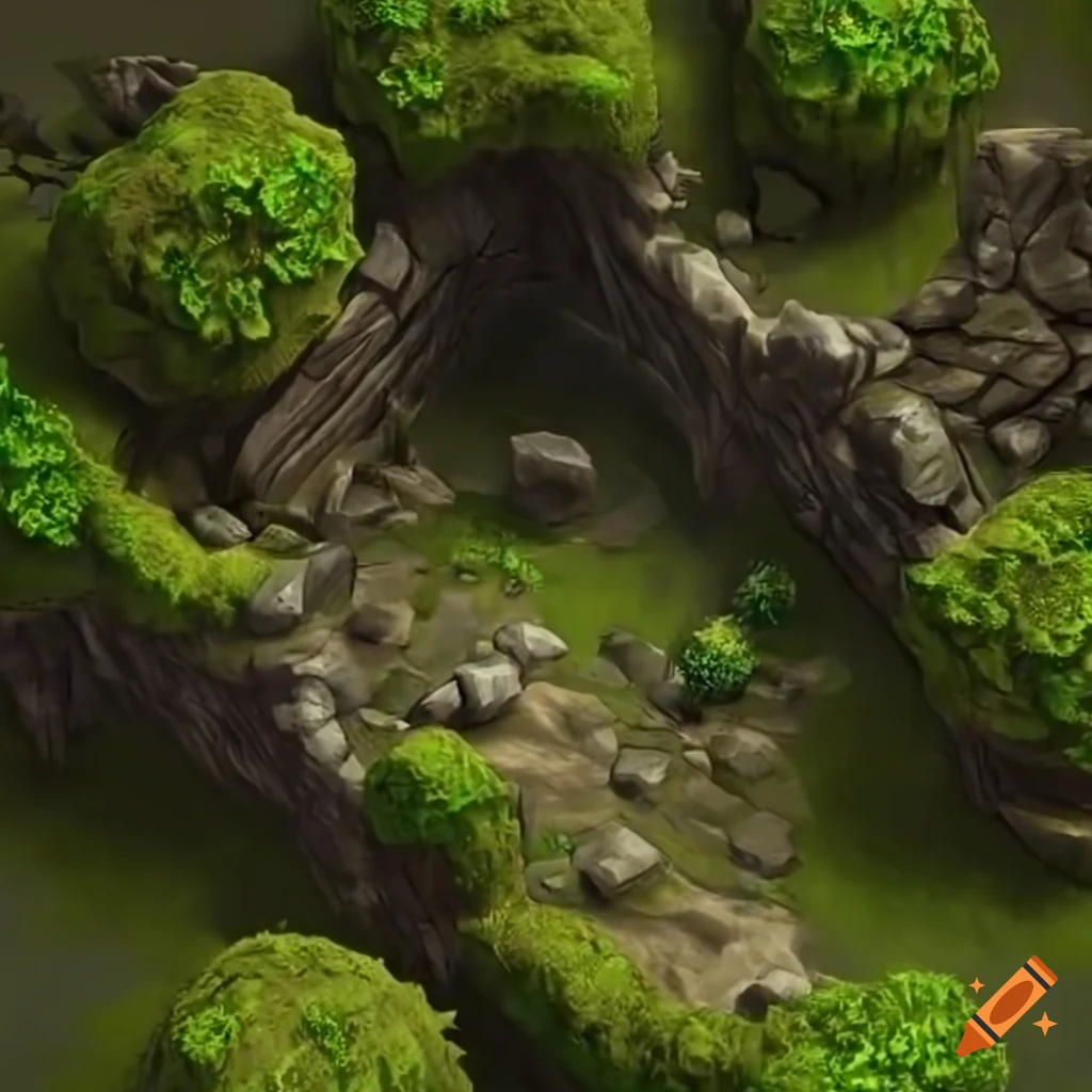 Overhead view of a moss-covered stone forest ruins in a fantasy game on Craiyon