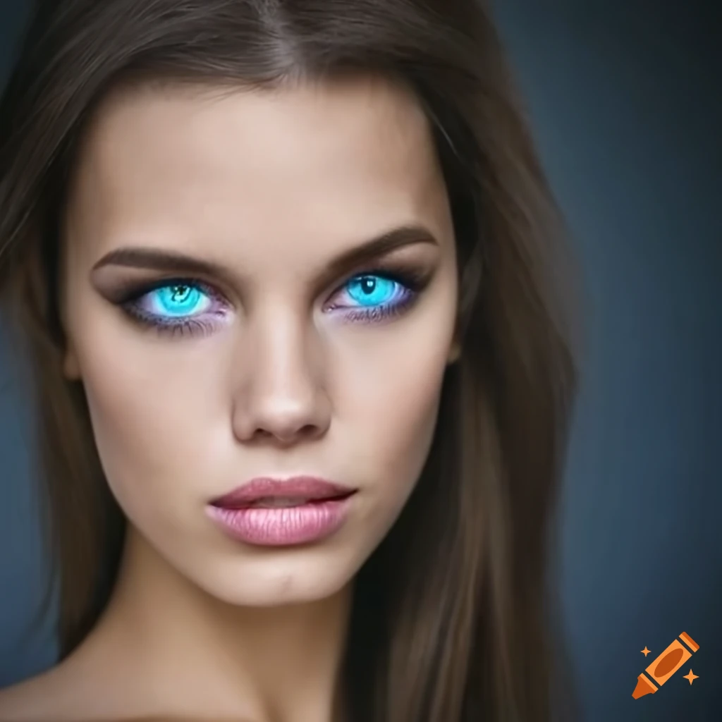 Portrait of a beautiful woman with blue catlike eyes on Craiyon