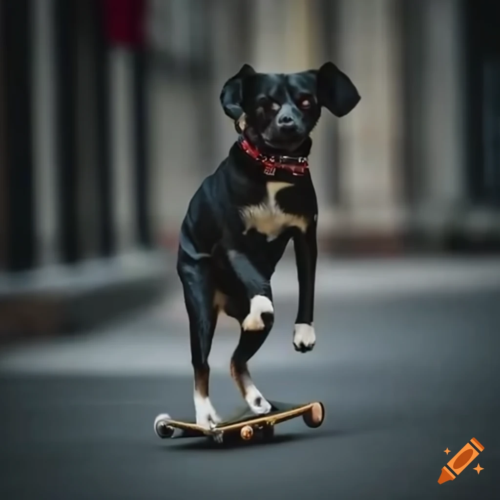 Skateboarding dog showing off skills