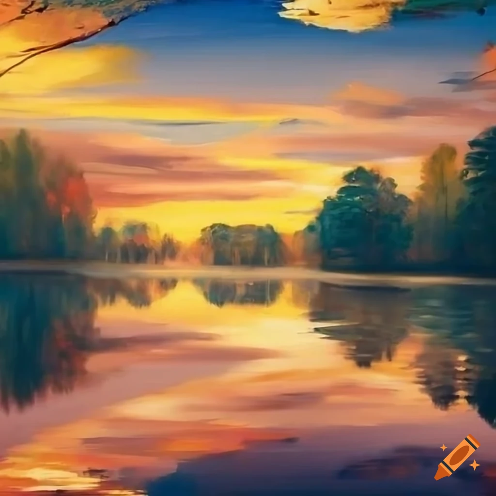 Detailed oil painting of a pond scene in Iowa on Craiyon