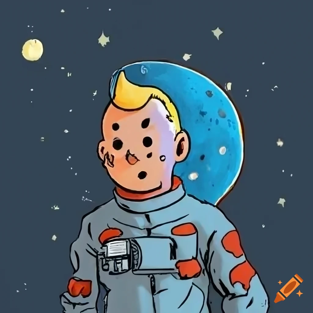 Retro style illustration of tintin on the moon in a spacesuit on Craiyon