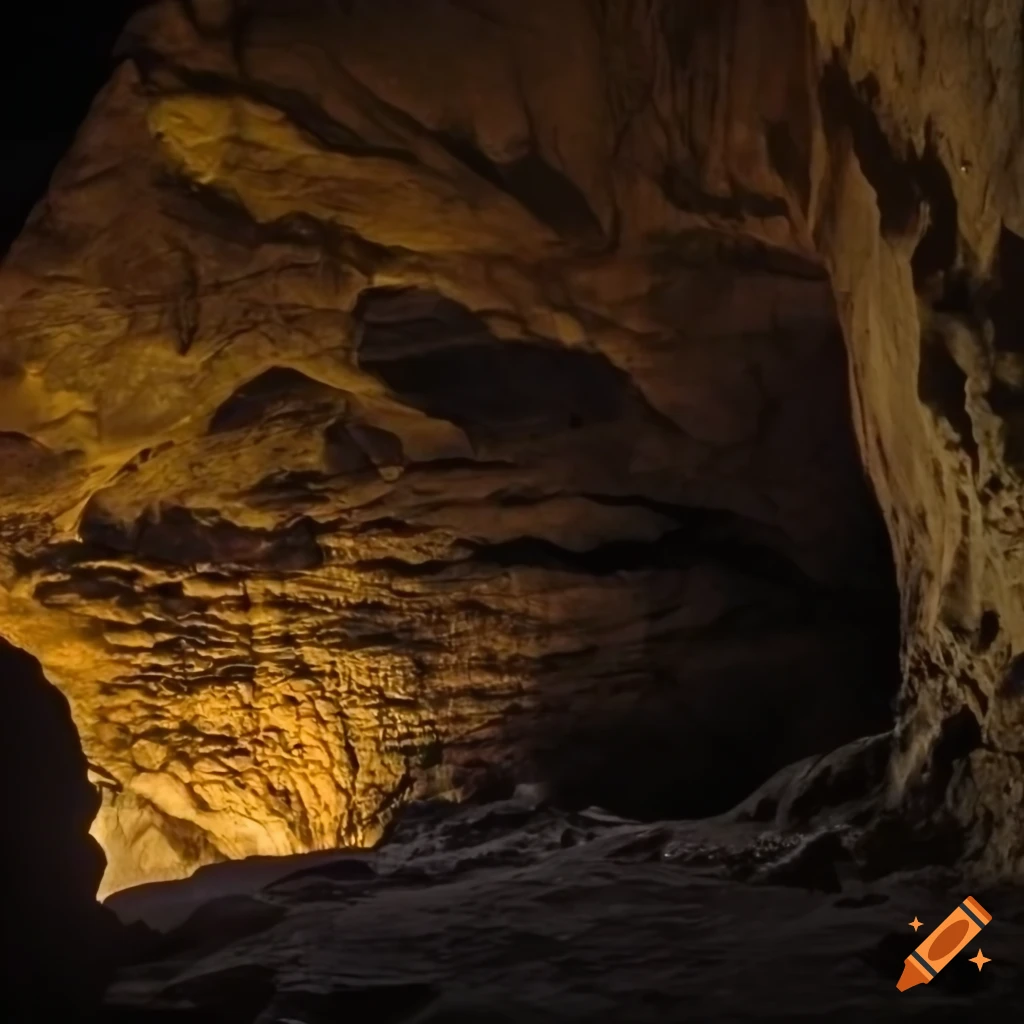 Image of a mysterious cave with yellow rocks and dim, red lights on Craiyon