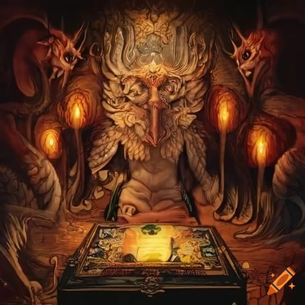 Art of mythical creatures having a tarot reading on Craiyon