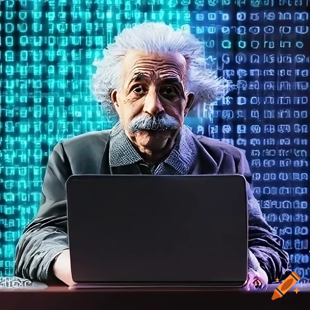 Einstein using a laptop with binary code in the background on Craiyon