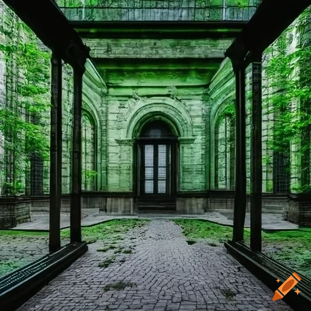 Innovative museum design with green forest and visitors on Craiyon