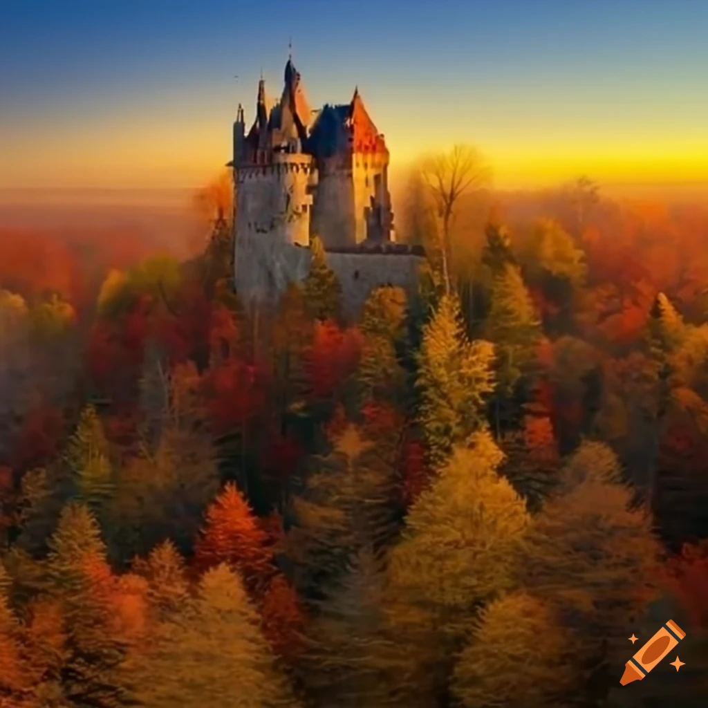 Autumn castle in a forest at sunrise on Craiyon