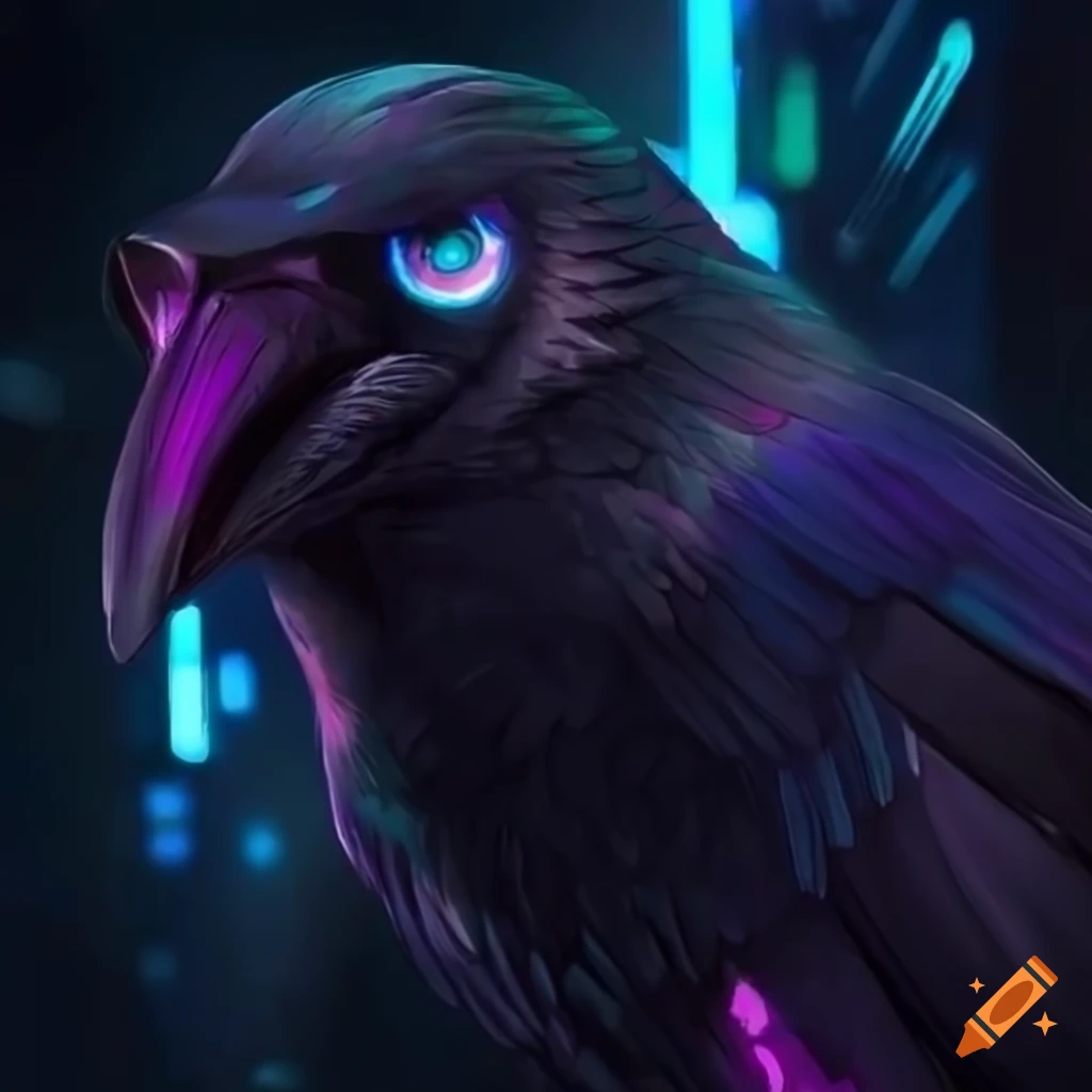 Image of a cyberpunk crow with neon eyes on Craiyon